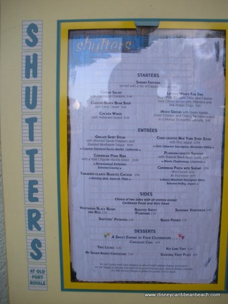 Shutters Menu | Caribbean Beach Resort Fan Site